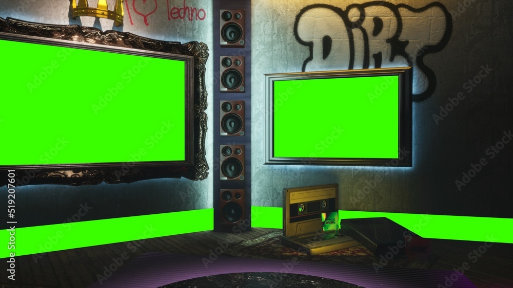 3D rendering Virtual studio with music stage. Displays with green ...
