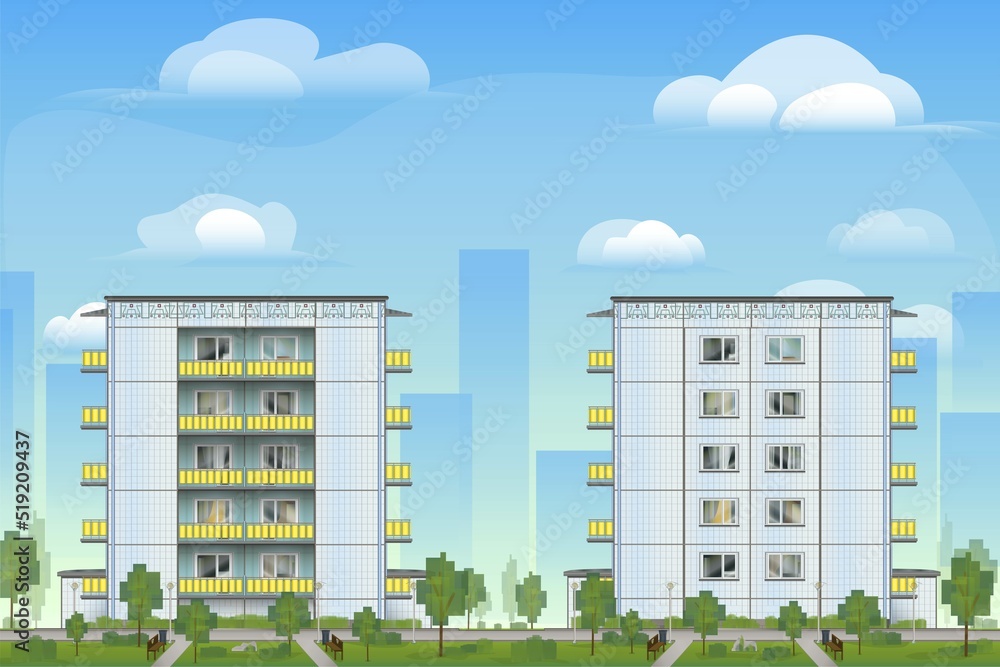 Multi-storey panel building, side view. Adjoining green territory ...