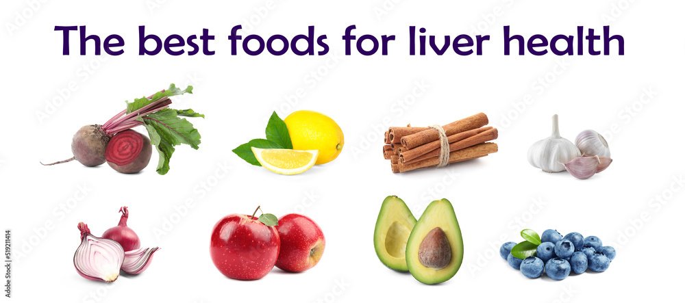 List of the best foods for liver health. Collage with different tasty ...