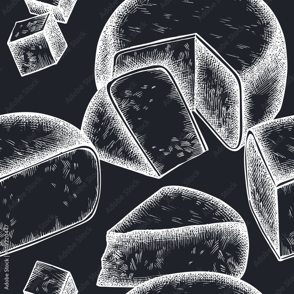 Cheese seamless pattern background design. Engraved style. Hand drawn ...