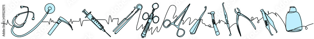 Color border of medical instruments in one line style on white ...
