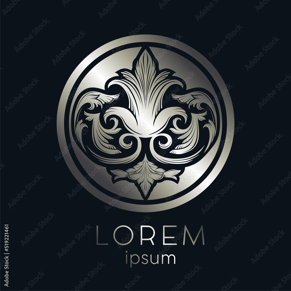 Silver vintage logo in a circle with antique lotus, vector illustration ...