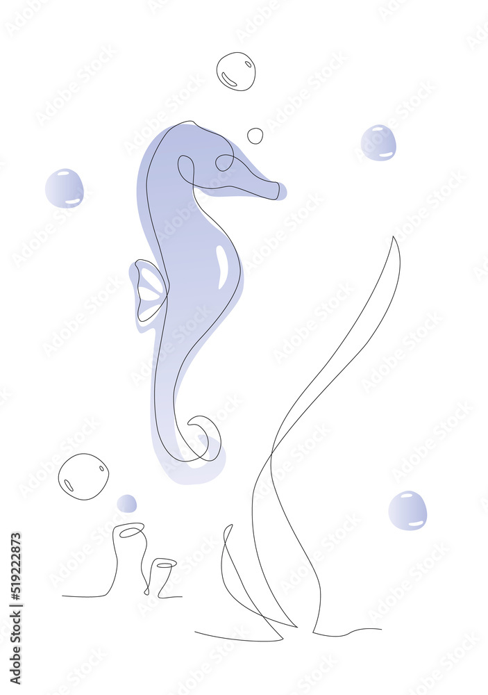 One line sea horse illustration. Sea life line art vector. Cute ...