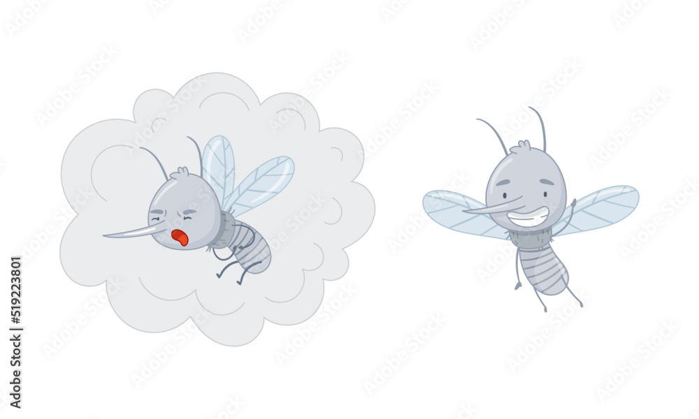 Cute mosquito set. Funny parasitic insect character in repellent cloud ...