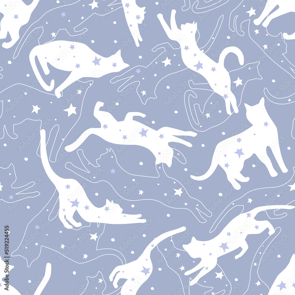 Seamless pattern of silhouettes of cats with stars in different poses ...