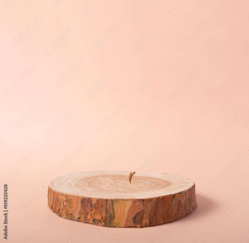 Wooden eco rustic pine tree wood circle disc platform podium on beige ...