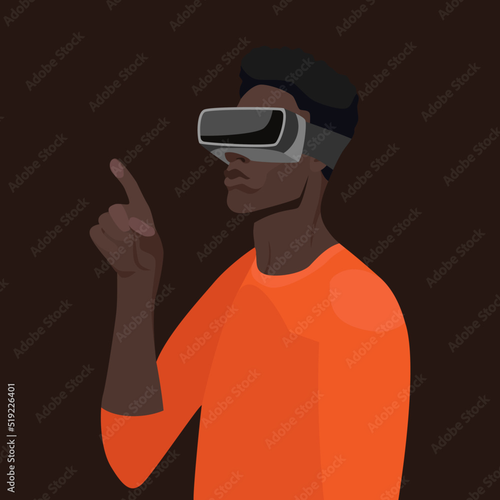 A handsome guy in virtual reality glasses, raised his hand and points with his finger. VR ...