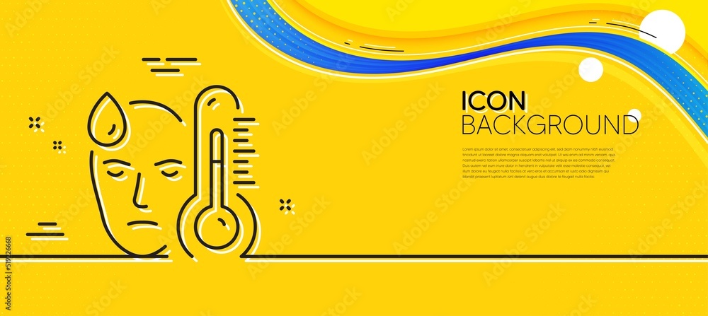 Sick man with fever line icon. Abstract yellow background. Temperature ...