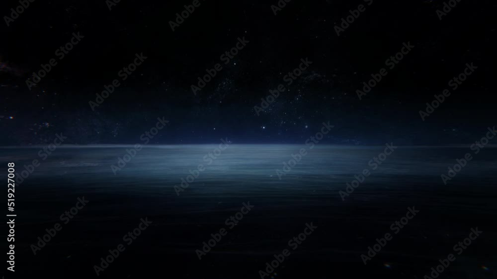 Fantasy night ocean landscape starry sky in interstellar space. Fog and ...