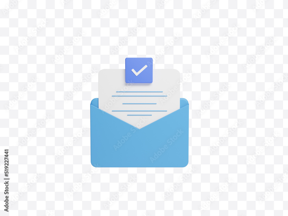Check mark icon. Document and postal envelope. 3d rendering of email ...
