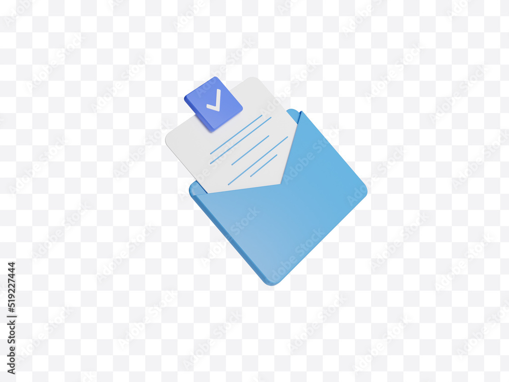 Check mark icon. Document and postal envelope. 3d rendering of email ...