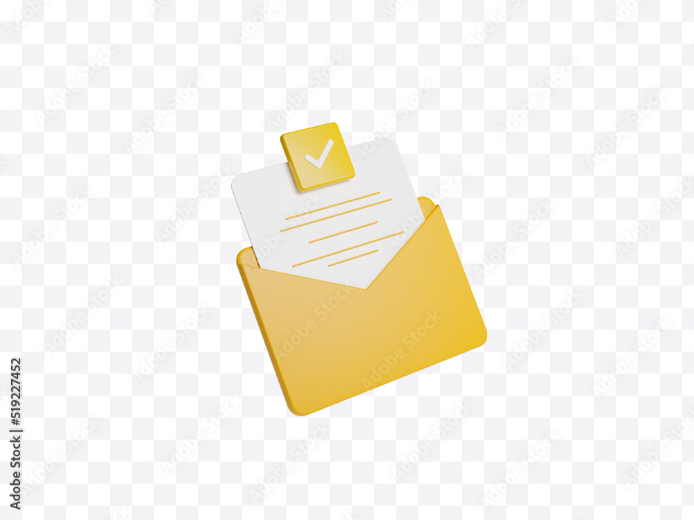 Check mark icon. Document and postal envelope. 3d rendering of email ...