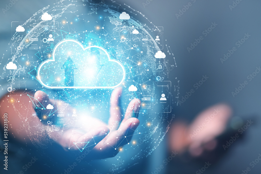 Cloud concept. Businessman showing online business technology system ...