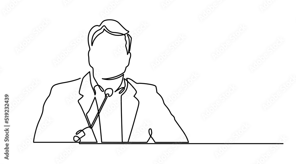 Continuous line drawing, a man give a speech. One continuous single ...