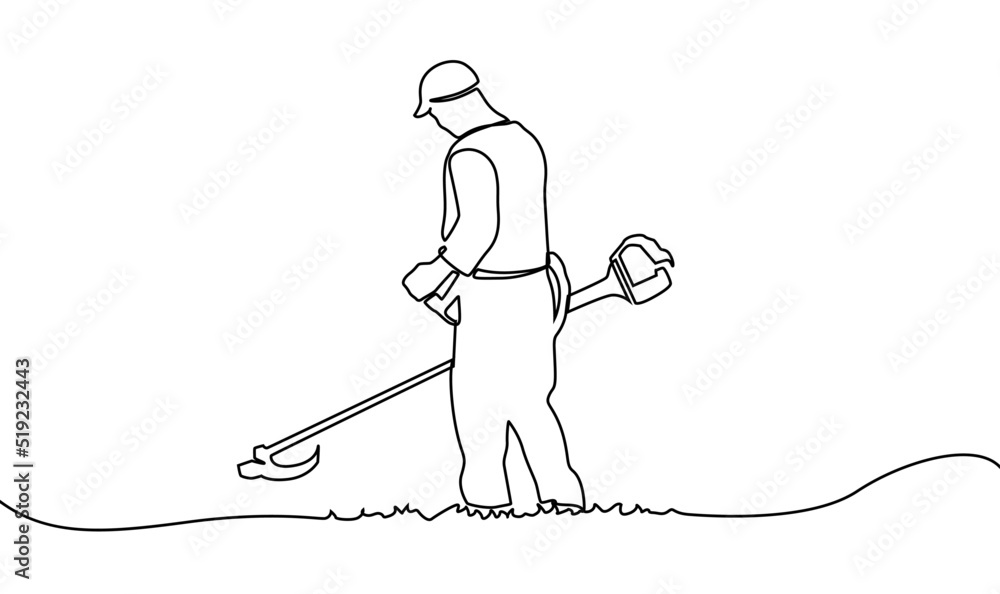 Hand lawn mower gardening thin line. Continuous one line drawing. Man ...