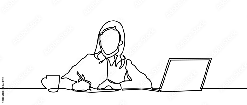 Continuous line woman thinking and bitting a pen. Woman education ...