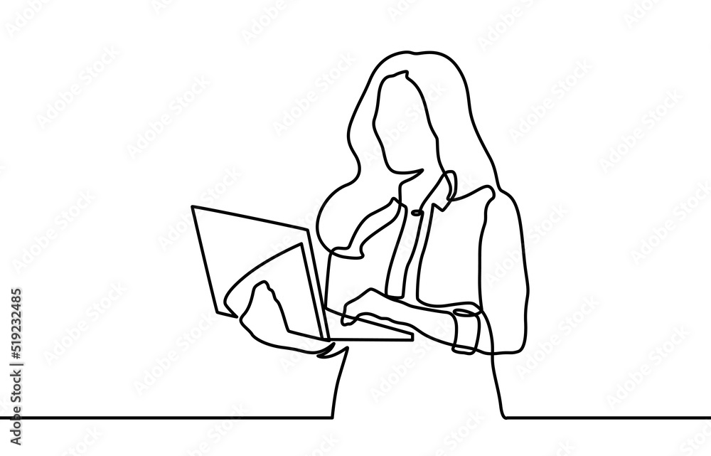 Woman Working Continuous One Line Drawing Businesswoman And Laptop