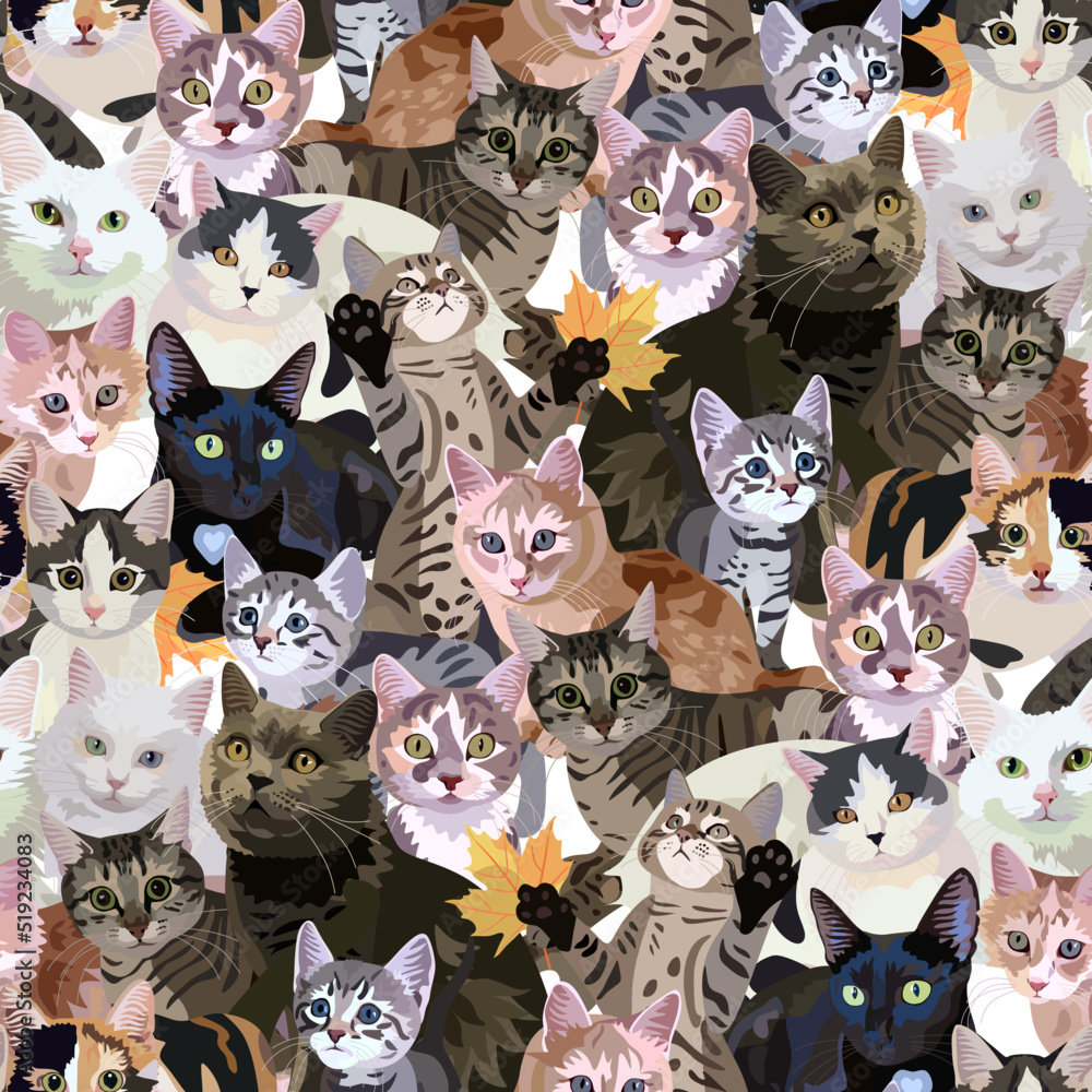 Seamless ornament with portraits of cats of different breeds in vector ...