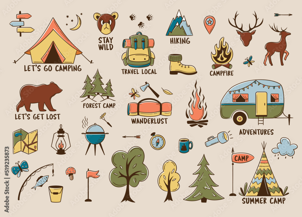 Camping and hiking colored elements. Outdoor adventure emblems. Tourist ...