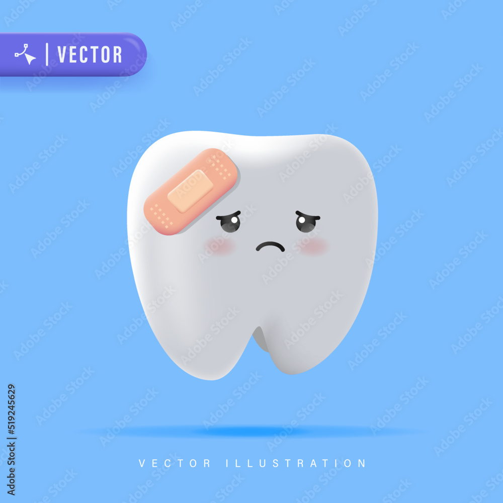 3D Realistic Sad Tooth with Plaster Isolated on Blue Background ...