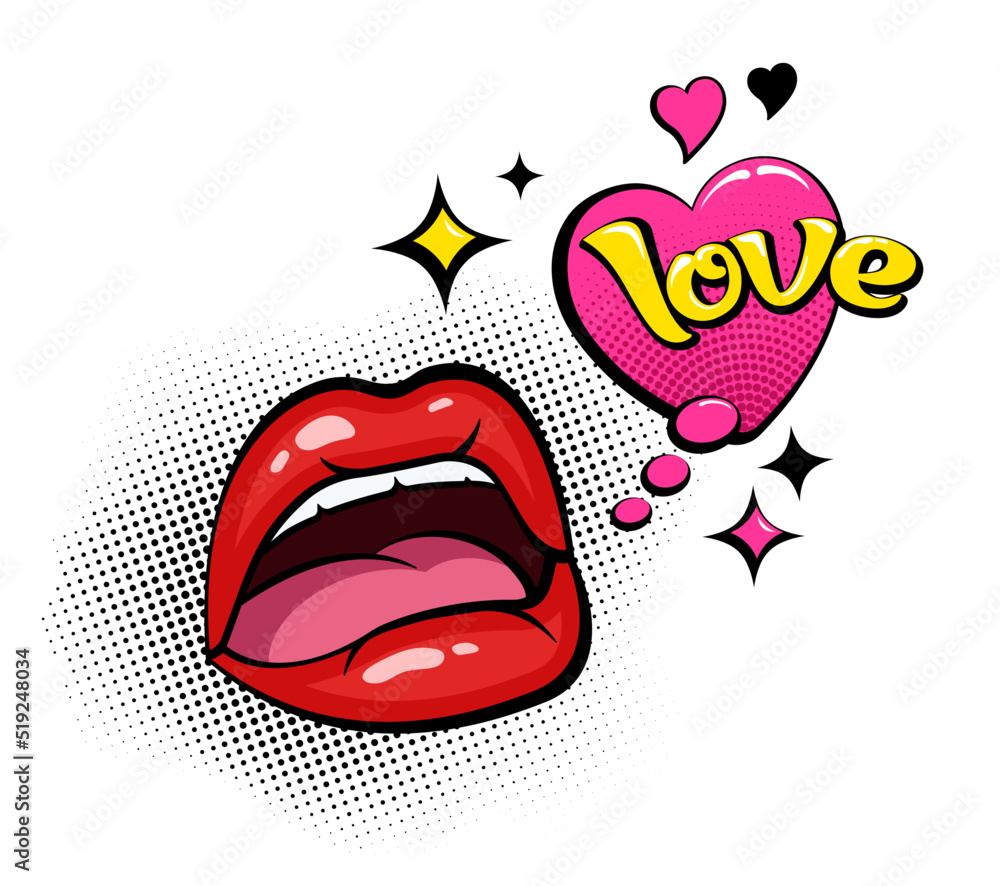 Comic speech bubble. Female lips in pop art style with emotional love ...
