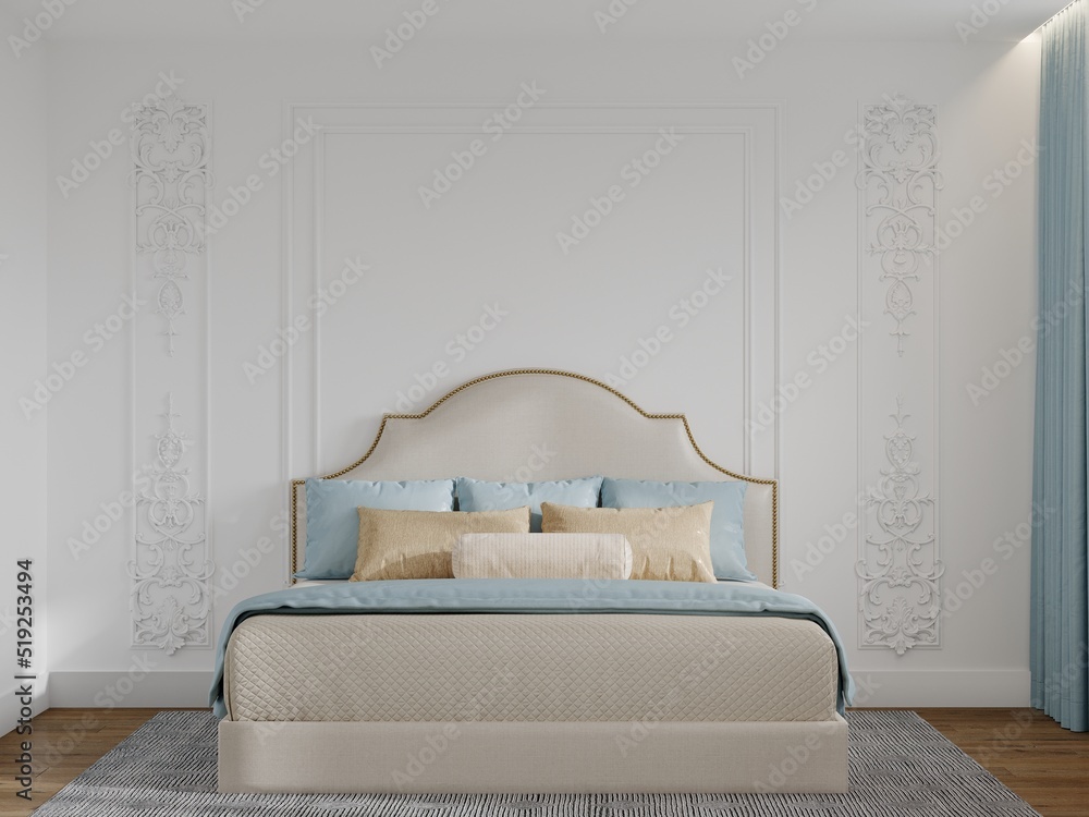 Classic style cozy bedroom. Beautiful moldings in white on a white wall ...