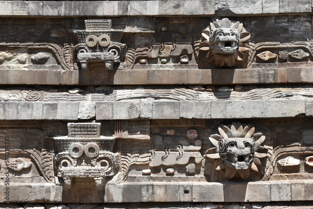 Tlaloc and Quetzalcoatl High-Relief Busts on Pyramid of the Feathered ...