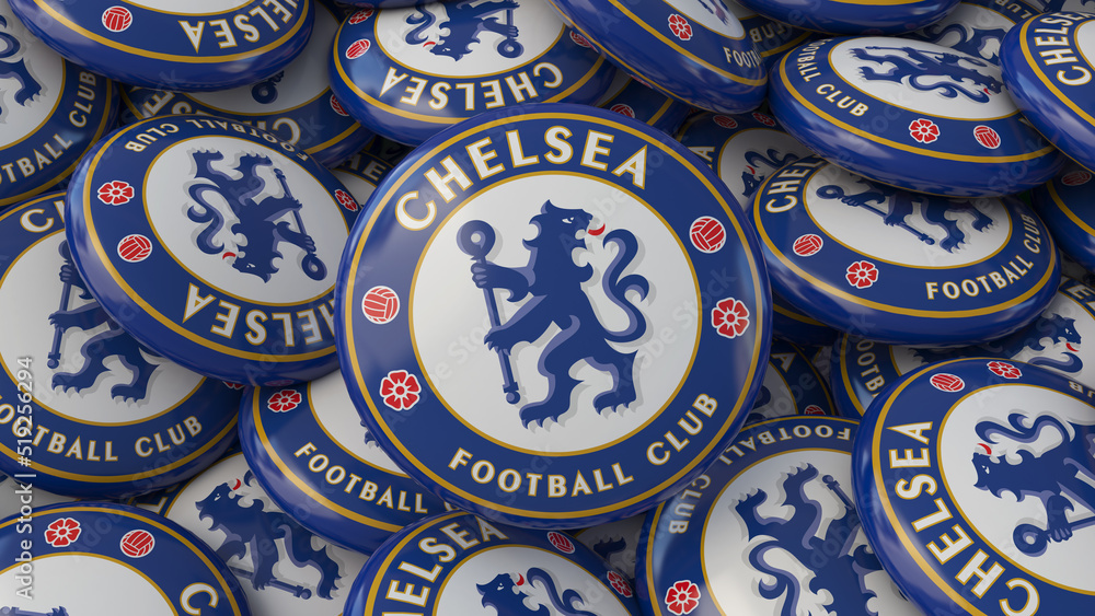 3d rendering of a lots of badges with te Logo of Chelsea Football Club ...