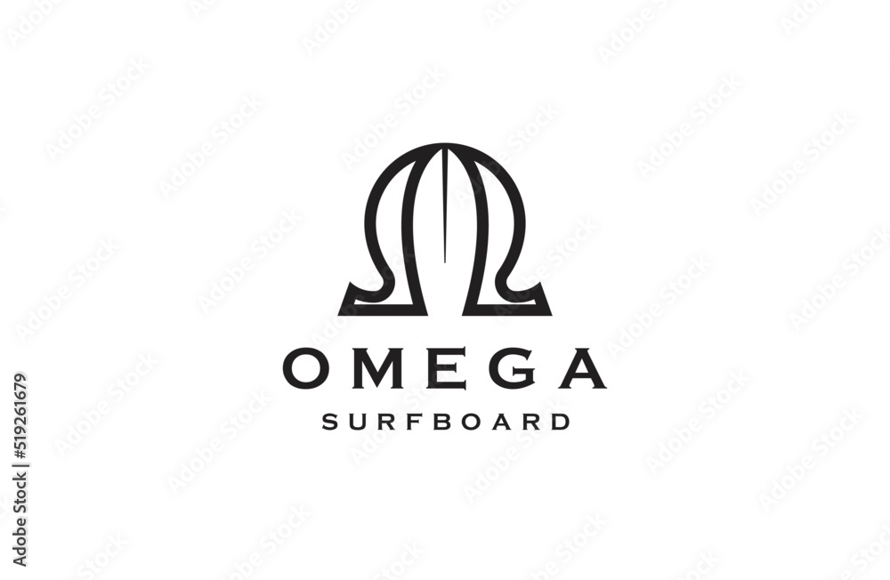 Omega symbol with surfboard shape logo icon design template flat vector ...