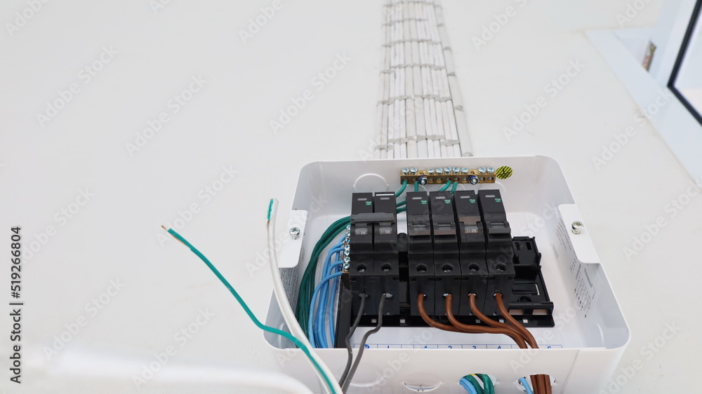 Electrical control panel on the wall. Circuit Breaker in control box ...
