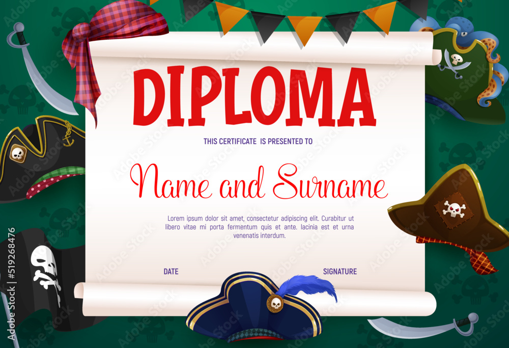 Kids pirate diploma. Corsair sabers, tricorn, cocked hats, flag ...