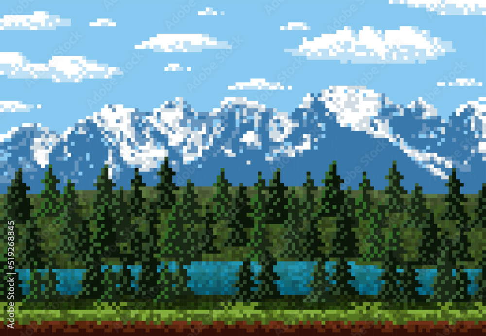 8 bit pixel mountain and forest game level landscape. Vector background ...