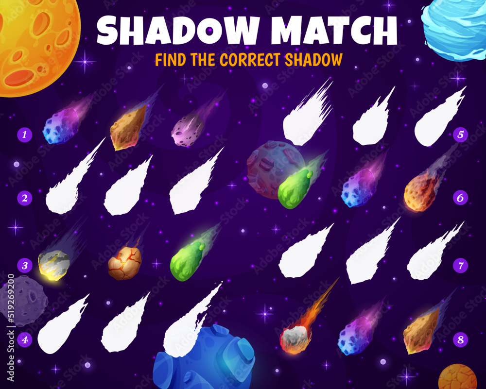 Shadow match game. Space comets, asteroids and meteors on shadow ...