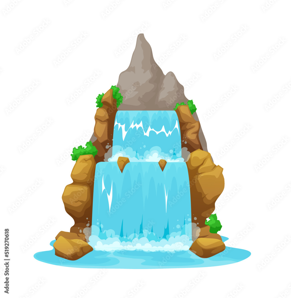 Cartoon waterfall, isolated mountain water cascade. Tropical island ...
