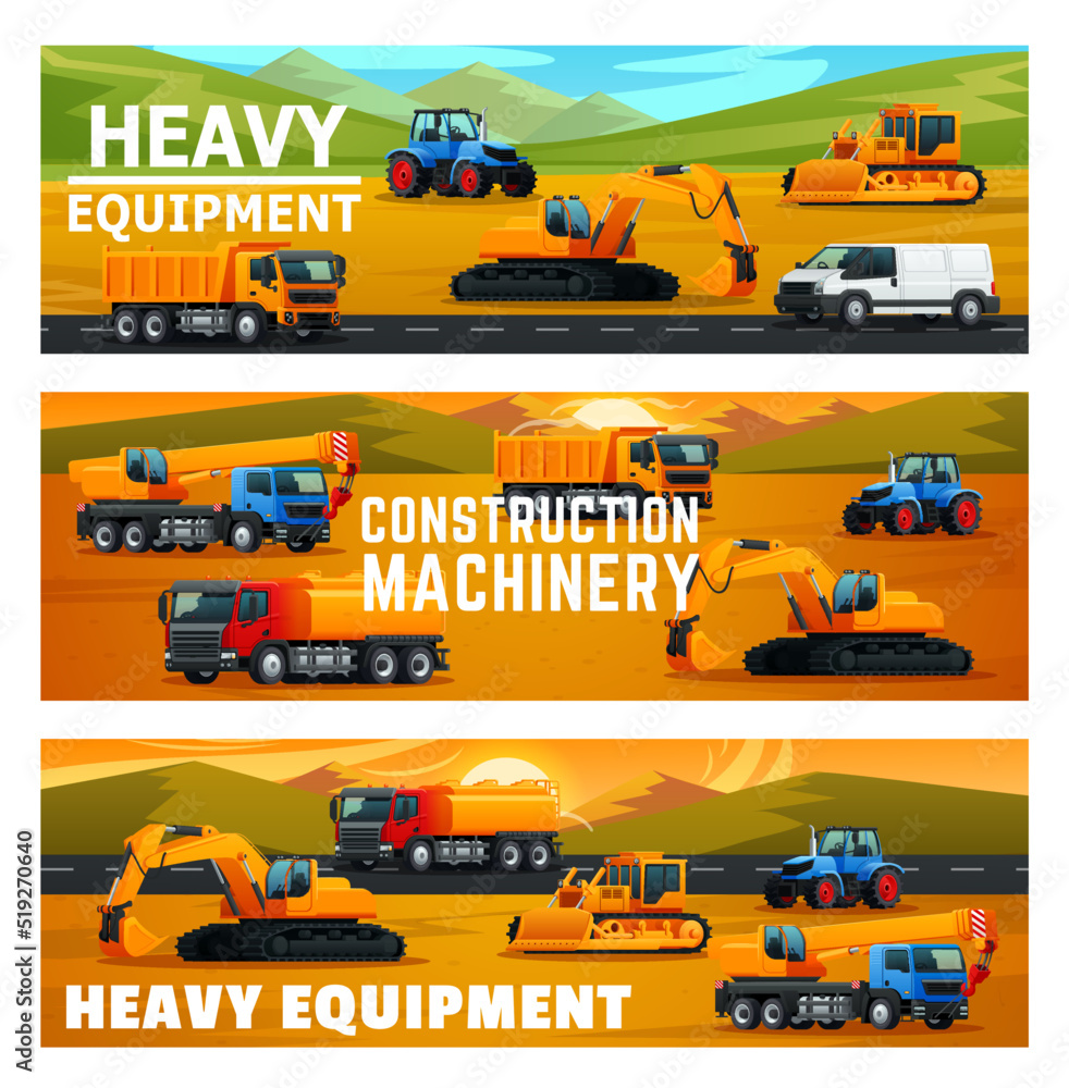 Construction machinery and industrial transport. Dumper, boom crane and ...
