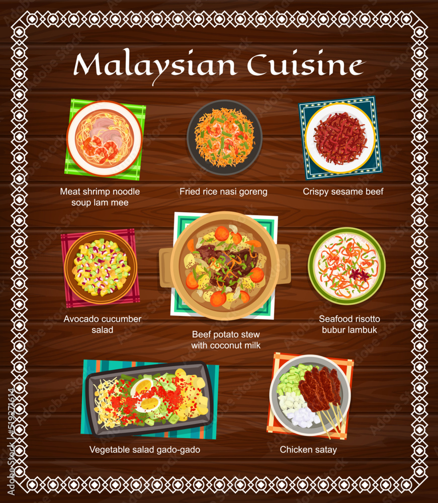 Malaysian food cuisine menu, Malaysia dishes and Asian restaurant lunch ...