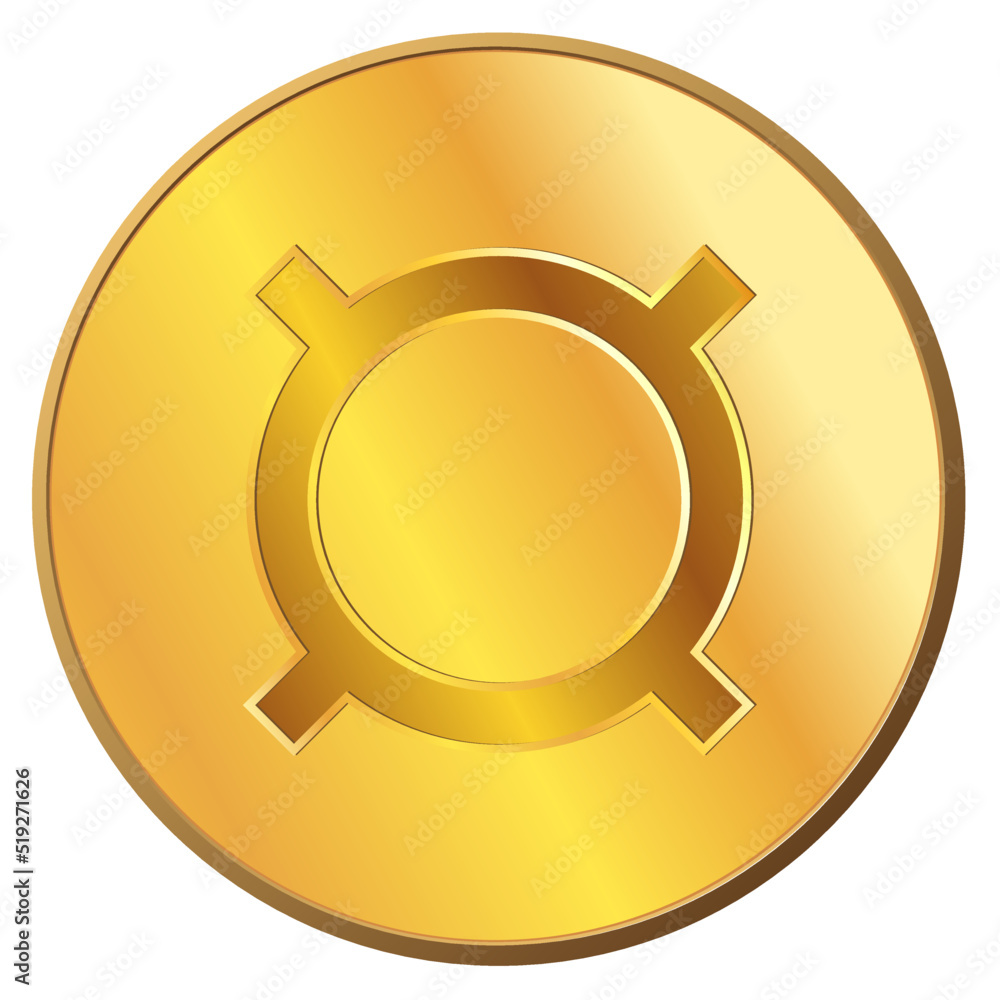 Golden coin with universal currency sign front view isolated on white ...