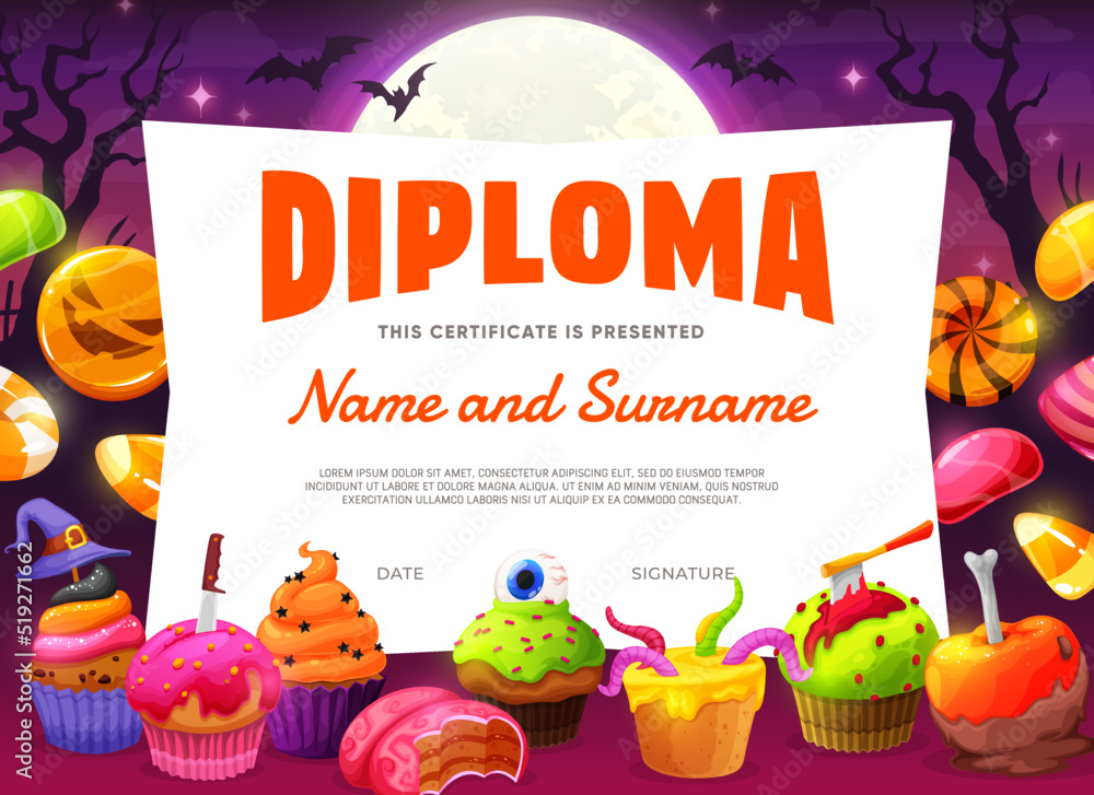 Vecteur Stock Halloween kids diploma. Cartoon candies, cookie and ...