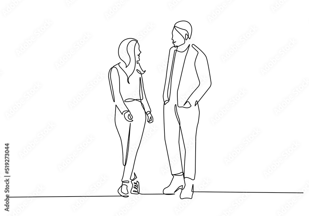 Woman and Man Talking Trendy Line Art Drawing. Group of Peoples Talking ...