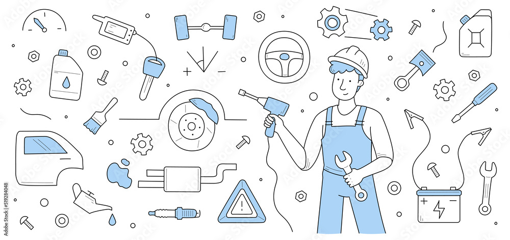 Vetor de Car service doodle concept. Mechanic character dressed in ...