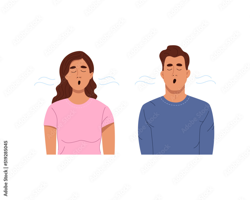 Man and woman doing breathing exercises. Young persons deep inhales and ...