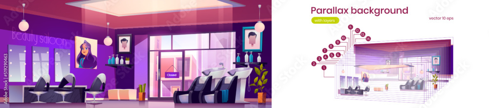 Modern hair salon with hairdresser chairs, sinks, mirrors and cosmetics ...