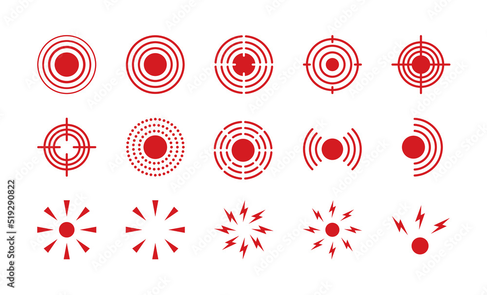 Pain point icons set. Pain red circles mark. Target spot symbols for ...