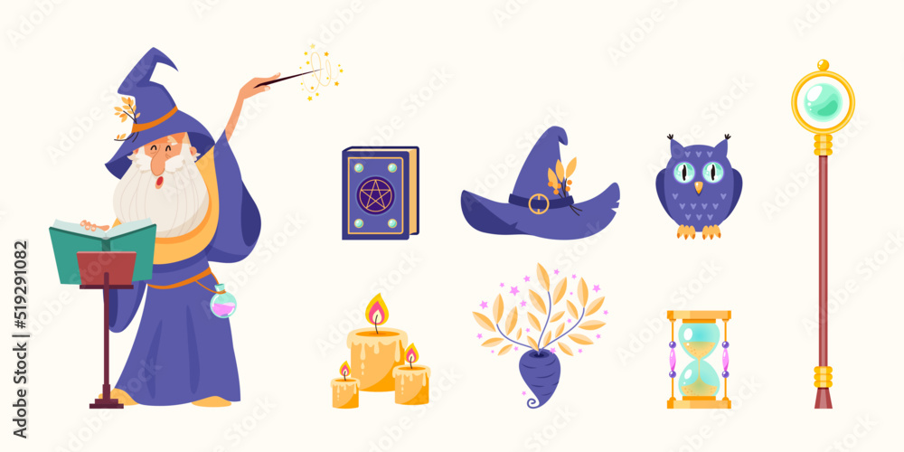 Cartoon magic set. Illustrations of an elderly wizard casting a spell ...
