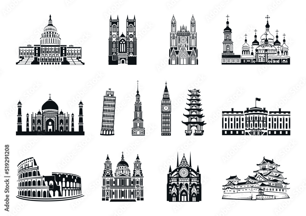Vector set of world landmarks icons. Collection of architectural icons ...