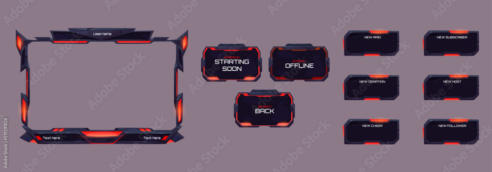 Game stream overlay, ui frame with red neon glow. Twitch streaming screen, gamer username menu ...