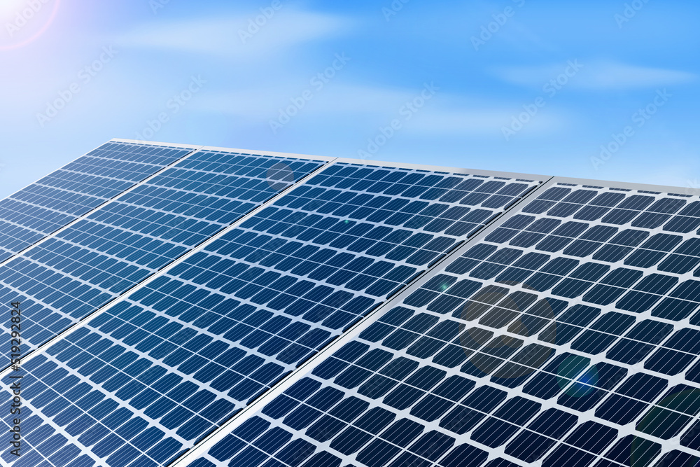 Solar Panel Plates with Blue sky and sunlight Background. Clean energy ...