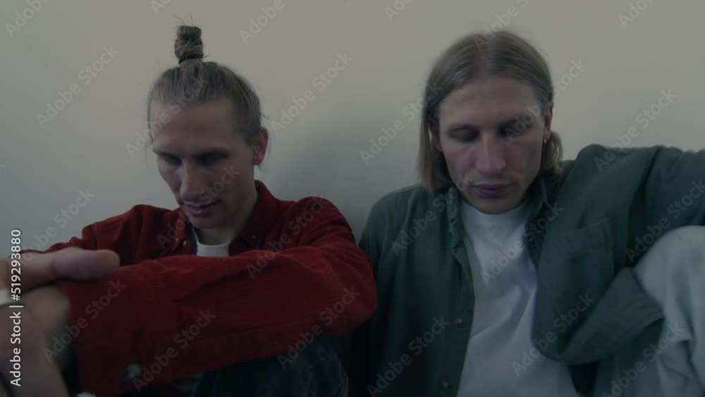 Close-up portrait of Caucasian twin brothers looking at camera and ...