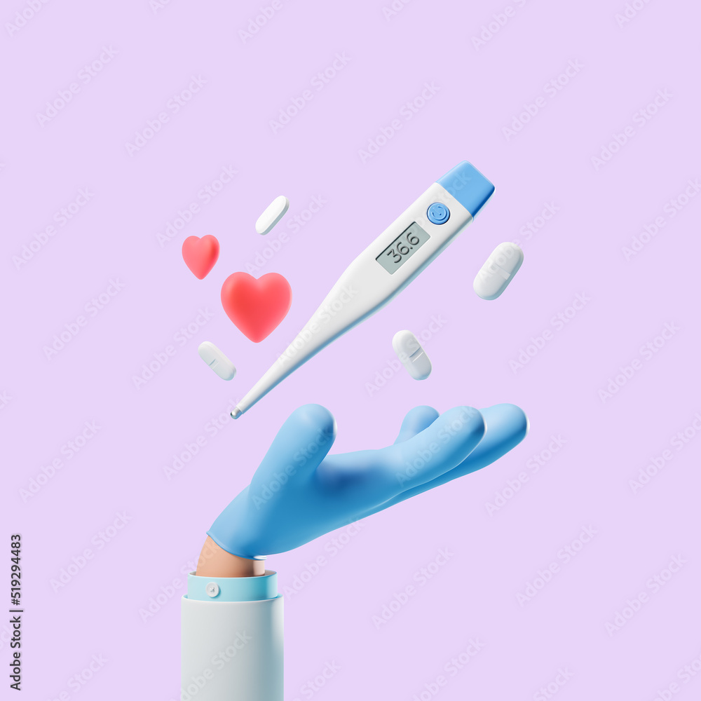 Cartoon doctor's hand in gloves holds a syringe on a violet. The ...