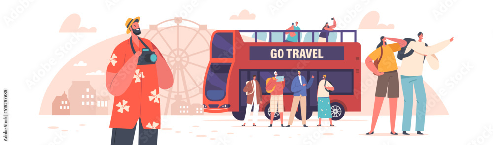 Group Of Tourists Travel on Bus. Kids, Young And Senior Characters ...